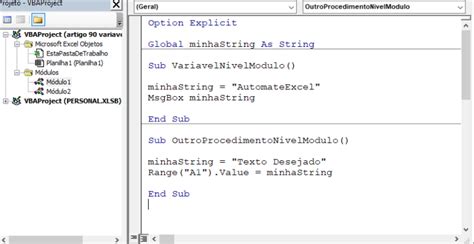VBA Variável Global Automate Excel