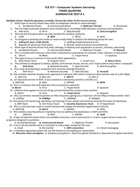 Tle Ict Computer Systems Servicing Third Quarter Summative Test 1 Pdf Computer Virus