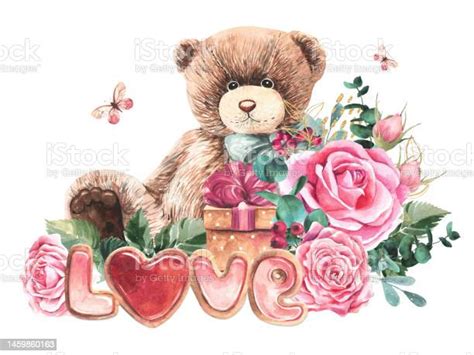 부드러운 곰 장미 유칼립투스 가지 황금 요소 및 선물 상자의 구성 흰색 배경에 수채화 그림입니다 낭만적 인 엽서 0명에 대한 스톡 벡터 아트 및 기타 이미지 Istock