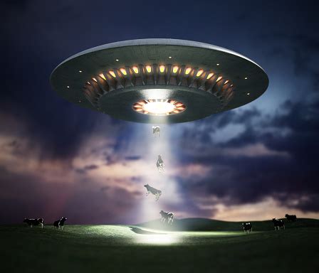 3d Illustration Of Retro Ufo Hovering In The Sky Using A Tractor Beam ...