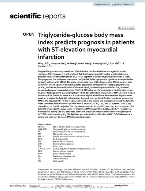 Pdf Triglyceride Glucose Body Mass Index Predicts Prognosis In Patients With St Elevation