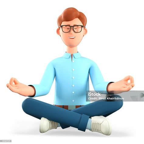 요가 연꽃 자세로 바닥에 앉아있는 명상 남자의 3d 그림 눈을 감고 현명한 몸짓으로 웃는 사업가를 편안한 귀여운 만화 차분한