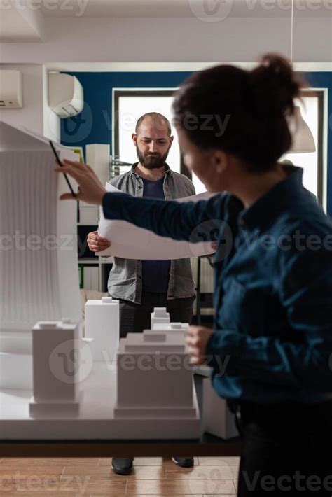 Architecture Workers Checking Blueprints With Maquette Building Model Design Plan Caucasian