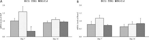 relative expression levels of and alp a runx2 b for bg and bg col