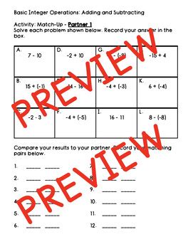 Integer Operations Addition And Subtraction Match Up TPT