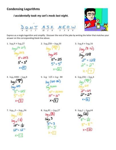 Condensing And Simplifying Logarithms Joke Worksheet With Answer Key