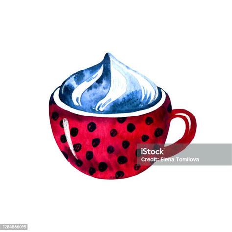 상단에 닦은 크림이있는 물방울 무늬가있는 빨간 컵 따뜻한 음료의 겨울 컬렉션 흰색 배경에 격리된 요소입니다 수채화 일러스트레이션 0명에 대한 스톡 벡터 아트 및 기타 이미지