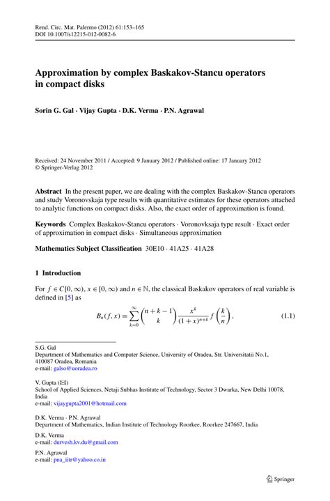 Pdf Approximation By Complex Baskakov Stancu Operators In Compact Disks
