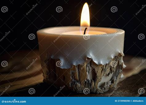 Close Up Of White Candle With Crackling Flame Casting Warm And
