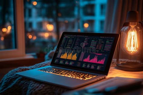 A Data Analyst Works In A Cozy Evening Workspace Illuminated By Warm