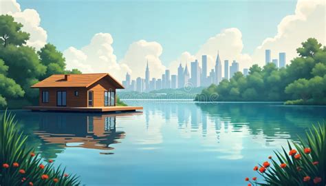 modern wood house floats on calm lake near city skyline sustainable