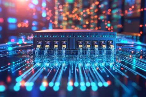 Network Hub With Multiple Ethernet Cables Connected Illuminated By Glowing Blue Lights