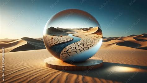 Surreal Glass Sphere Desert Landscape Inside Flowing River Sand