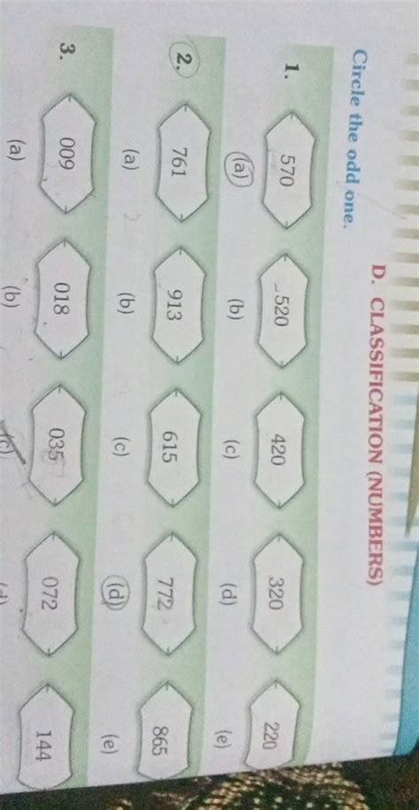 d classification numbers circle the odd one 1 a b d e 2 91
