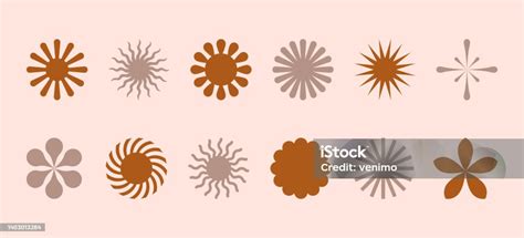 간단한 평면 선형 스타일의 디자인 요소 및 일러스트레이션의 벡터 세트 태양 기호 추상적 인 형태 및 모양 로고 디자인 템플릿 포스터 인쇄물 배너 용 배지 및 스티커 그래픽