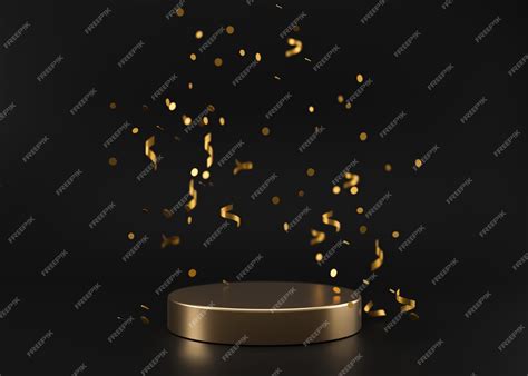 검은 배경에 떨어지는 색종이 조각이 있는 황금 연단 제품 화장품 프레젠테이션을 위한 우아한 연단 고급 모형 받침대 또는 미용 제품용 플랫폼 빈 장면 3d 렌더링 프리미엄 사진