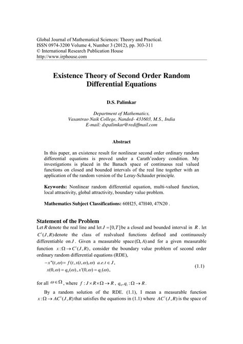 Pdf Existence Theory Of Second Order Random Differential Equations