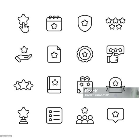 즐겨찾기 및 북마크 라인 아이콘 편집 가능한 스트로크 픽셀 완벽한 모바일 및 웹용 별 인간의 손 검토 피드백 평가 달력 방패 배지 다섯 별 문서 상 책 선물 리본 웹 배너