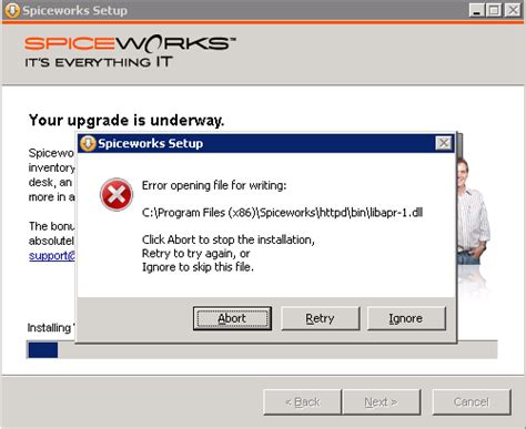 error opening file for writing when upgrading spiceworks spiceworks