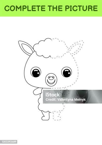 귀여운 알파카의 완전한 그려진 그림 색칠 공부 점 복사 게임 필기 연습 그리기 기술 훈련 인쇄 가능한 워크시트 를 개발하는 교육