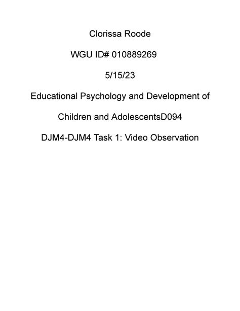 D094 Task Passed Task Clorissa Roode Wgu Id 010889269 515 Educational Psychology And