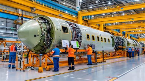 Intricate Process Aircraft Fuselage Section Assembly Inside Modern