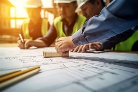 Engineer Or Architect Meeting Discuss And Check Construction Blueprint Information For