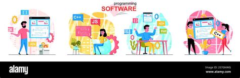 Programming Software Concept Scenes Set Developers Code In Different