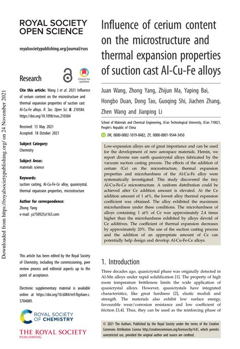 Pdf Influence Of Cerium Content On The Microstructure And Thermal Expansion Properties Of