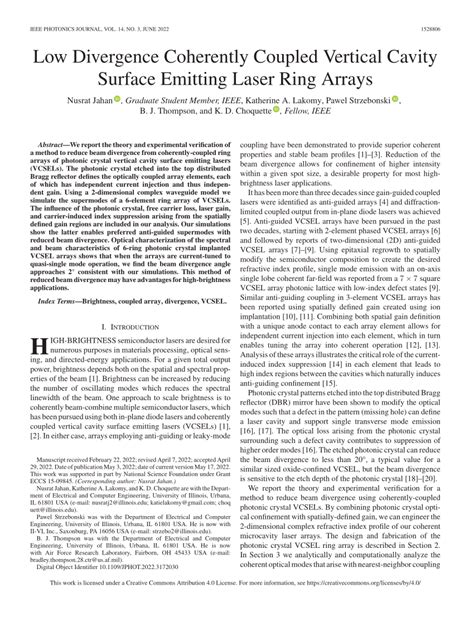 Pdf Low Divergence Coherently Coupled Vertical Cavity Surface Emitting Laser Ring Arrays
