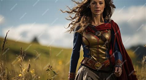Premium Photo Woman In Superhero Costume Walking In Grass