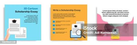3d 만화 스타일 소셜 미디어 유익한 장학금 에세이 팁 게시물 배너 템플릿 레이아웃 디자인 데스크톱 화면 개념에 웹 메일을 통해 보내는 편지와 함께 손 수필에 대한 스톡
