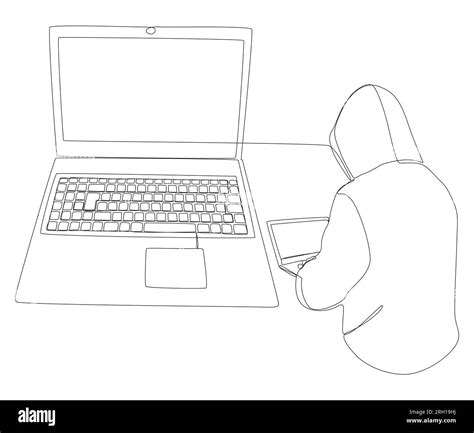 One Continuous Line Of Laptop With Hacker Thin Line Illustration Vector Concept Contour