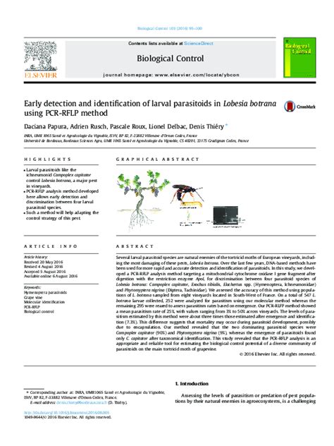 Pdf Early Detection And Identification Of Larval Parasitoids In Lobesia Botrana Using Pcr Rflp