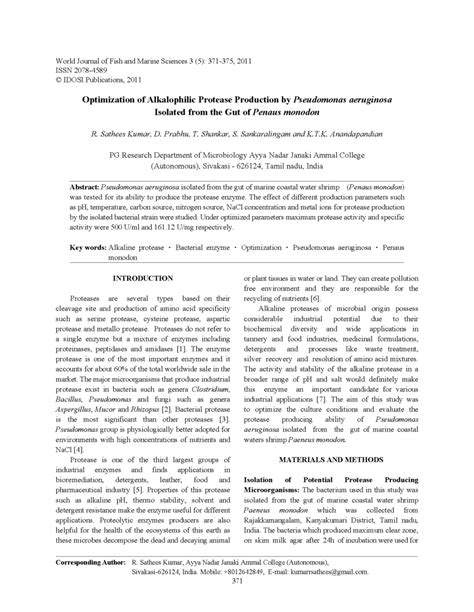 Pdf Optimization Of Alkalophilic Protease Production By Pseudomonas Aeruginosa Isolated From