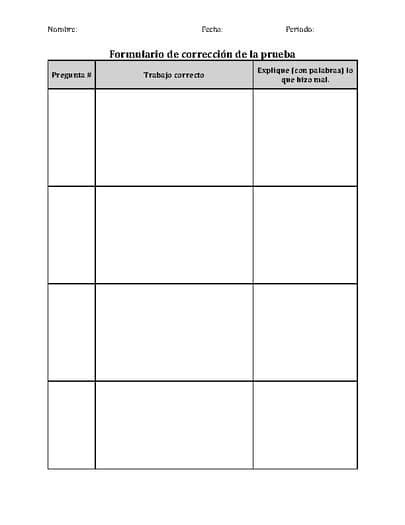 Test Correction And Reflection Sheet English Spanish Version By Gray