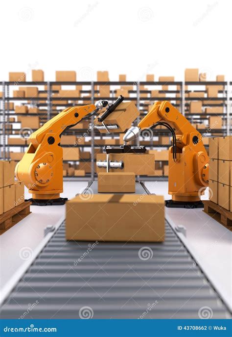Palletizing Robot Loading Heavy Objects Onto Pallets With Motorized Gripper Royalty Free Stock