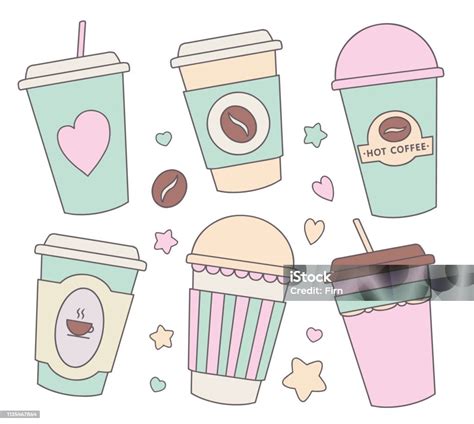 커피 초콜릿 또는 다른 뜨거운 음료에 대 한 다른 귀여운 파스텔 컬러 만화 종이 컵 세트 벡터 일러스트 레이 션 컬렉션 마실 것에 대한 스톡 벡터 아트 및 기타 이미지