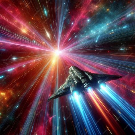 Spaceship Entering Hyperspace Leaving Energy Trail Premium Ai Generated Image