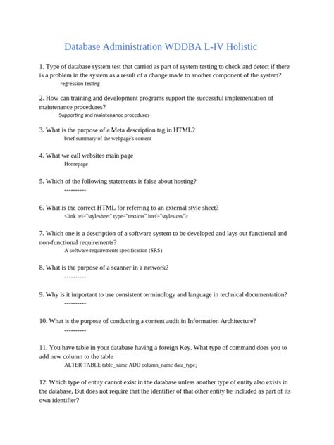 Database Administration Wddba Level 4 Coc With Answer Pdf Databases Html