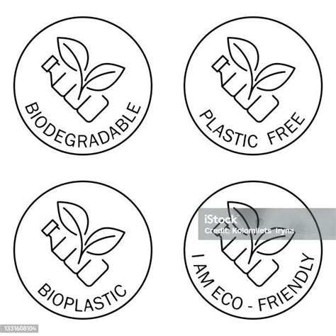 플라스틱 무료 아이콘 생 분해성 병과 잎이 들어간 둥근 기호 플라스틱 병을 재활용합니다 친환경 퇴비재료 생산 제로 폐기물 자연 보호 개념 가방에 대한 스톡 벡터 아트 및