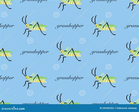Grasshopper Seamless Pattern On Blue Background Pixel Style Stock