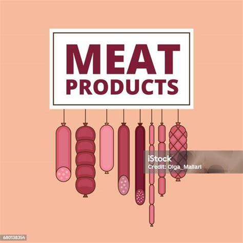 정육점이 게 배너 고기와 바베 큐 소시지 제품입니다 다양 한 소시지입니다 플랫 스타일입니다 벡터 일러스트입니다 가리기에 대한 스톡 벡터 아트 및 기타 이미지 Istock
