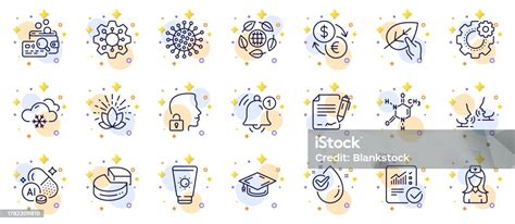 웹 앱용 톱니바퀴 잠금 해제 시스템 및 자외선 차단제 라인 아이콘의 개요 세트입니다 픽토그램 아이콘입니다 벡터 3차원 형태에 대한 스톡 벡터 아트 및 기타 이미지 Istock