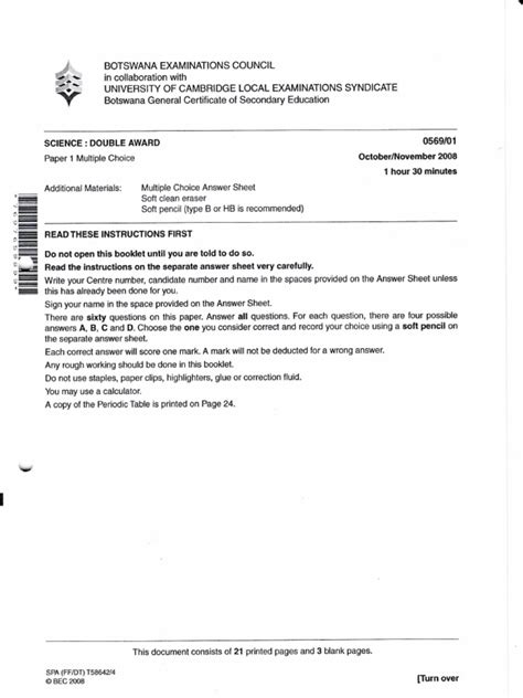 Bgcse Sda Paper 1 2008 Pdf Chlorine Sodium