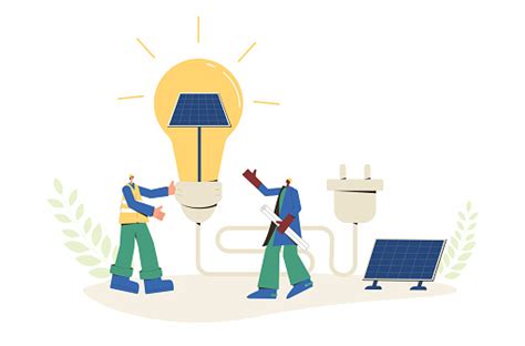 태양 에너지 시스템 개념 태양광 모듈 설치 현장 서비스 기술자 엔지니어 및 건축가 사람과 패널이 있는 장면 지속 가능한 개발 벡터 평면 장면입니다 2명에 대한 스톡 벡터