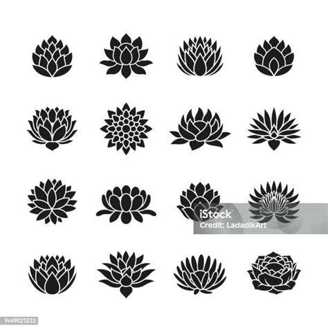 검은 연꽃 실루엣 아이콘입니다 스파 웰빙 진정 꽃 요소 불교 만다라 상징 격리 된 백합 추상 깔끔한 벡터 식물 로고 세트 0명에 대한 스톡 벡터 아트 및 기타 이미지