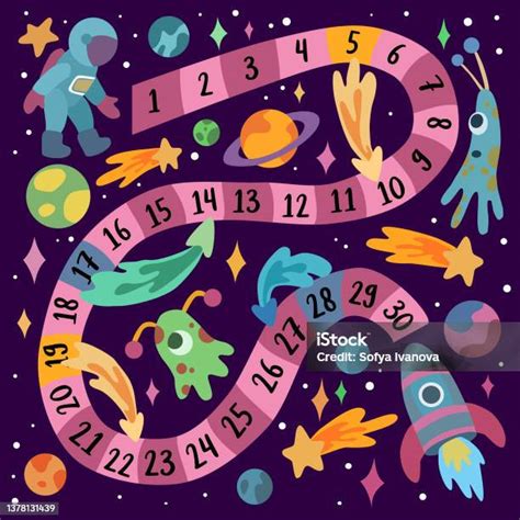 손으로 그리기 벡터 스페이스 보드 게임 어린이 가족 오락 게임 디자인 카드 포스터 인쇄에 사용하십시오 행성 별 외계인 로켓과 우주 비행사와 게임 방법 놀기에 대한 스톡 벡터