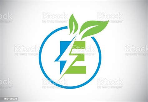 이니셜 E 문자 벼락 잎 원 또는 에코 에너지 절약 아이콘입니다 나뭇잎과 벼락 아이콘 개념 자연 전원 전기 로고 개념에 대한