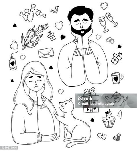 수염을 기고한 고양이와 펜시브 남자와 슬픈 외로운 소녀 튤립과 선물 디저트와 안경의 꽃다발 감정 슬픈 휴일과 외로움을 위한 벡터 선형 일러스트레이션 세트 낙서 드로잉에 대한